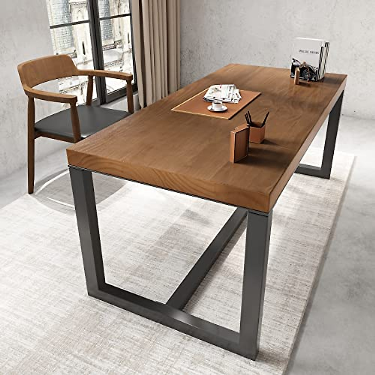Sihtengxxhongs Solid Wood Computer Desk Modern Home Office Thick Desk 55 Inch Long Writing Table PC Workstation