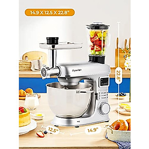 Flyseago Stand Mixer 8-IN-1 8.5 Qt Multifunctional Electric Kitchen Mixer 6 Speed Tilt-Head with Stainless Steel Bowl, 1.5L Glass Jar, Meat Grinder, Dough Hook, Whisk, Pasta Attachment