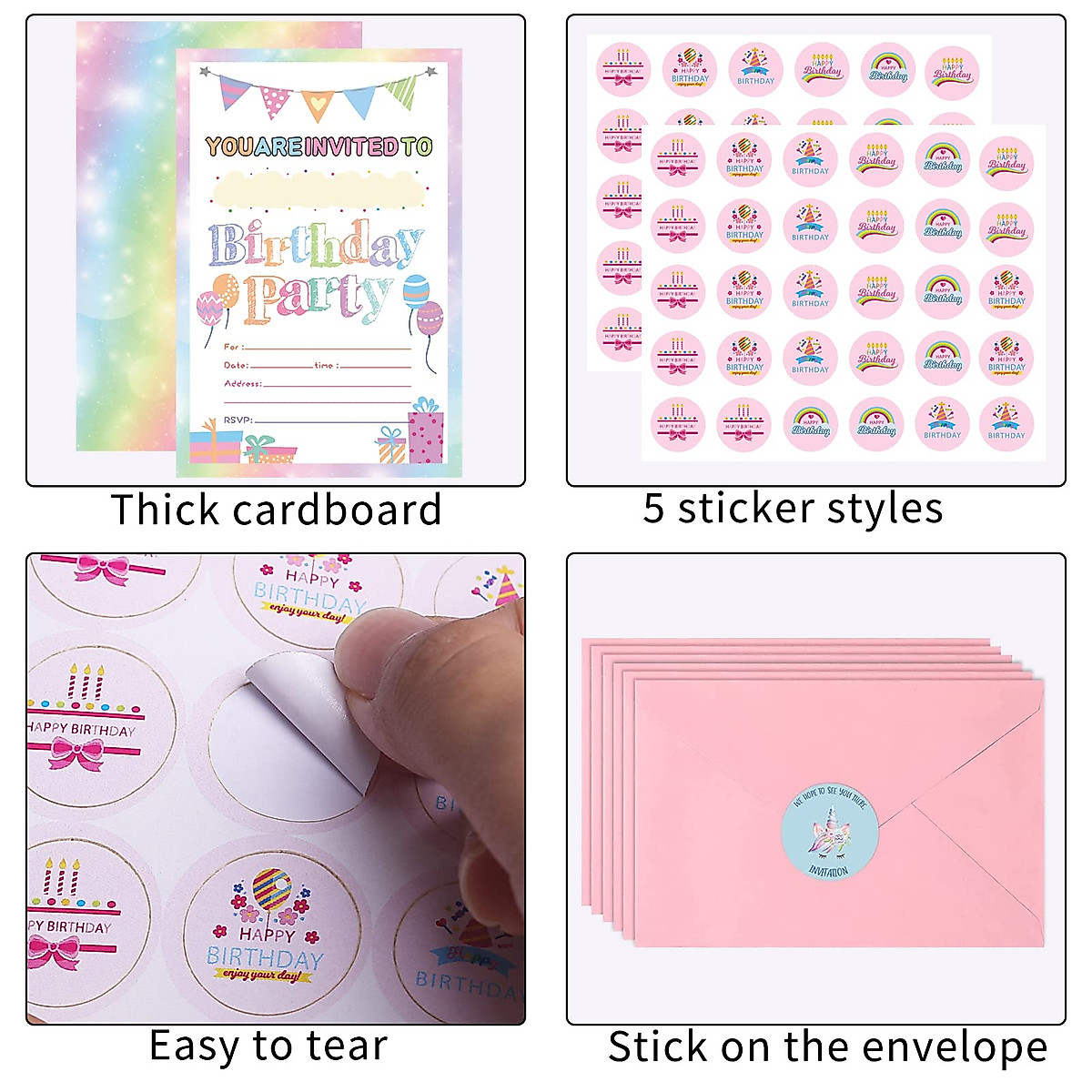 Idealmuzik 30 Pack Birthday Party Invitations for Girls with Envelopes and Sticker, Cute Birthday Party Invitations Cards for Kids, Party Decorations Supplies for Baby Shower Birthday Party