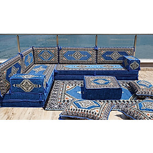Royal Blue L Shaped Arabic Sofa Set, Floor Sofa Seating Set, Oriental Floor Seating, Floor Cushions, Arabic Lounge, Arabic Majlis, Arabic Jalsa (L Sofa Full Set, 8'' Thickness (20 cm))