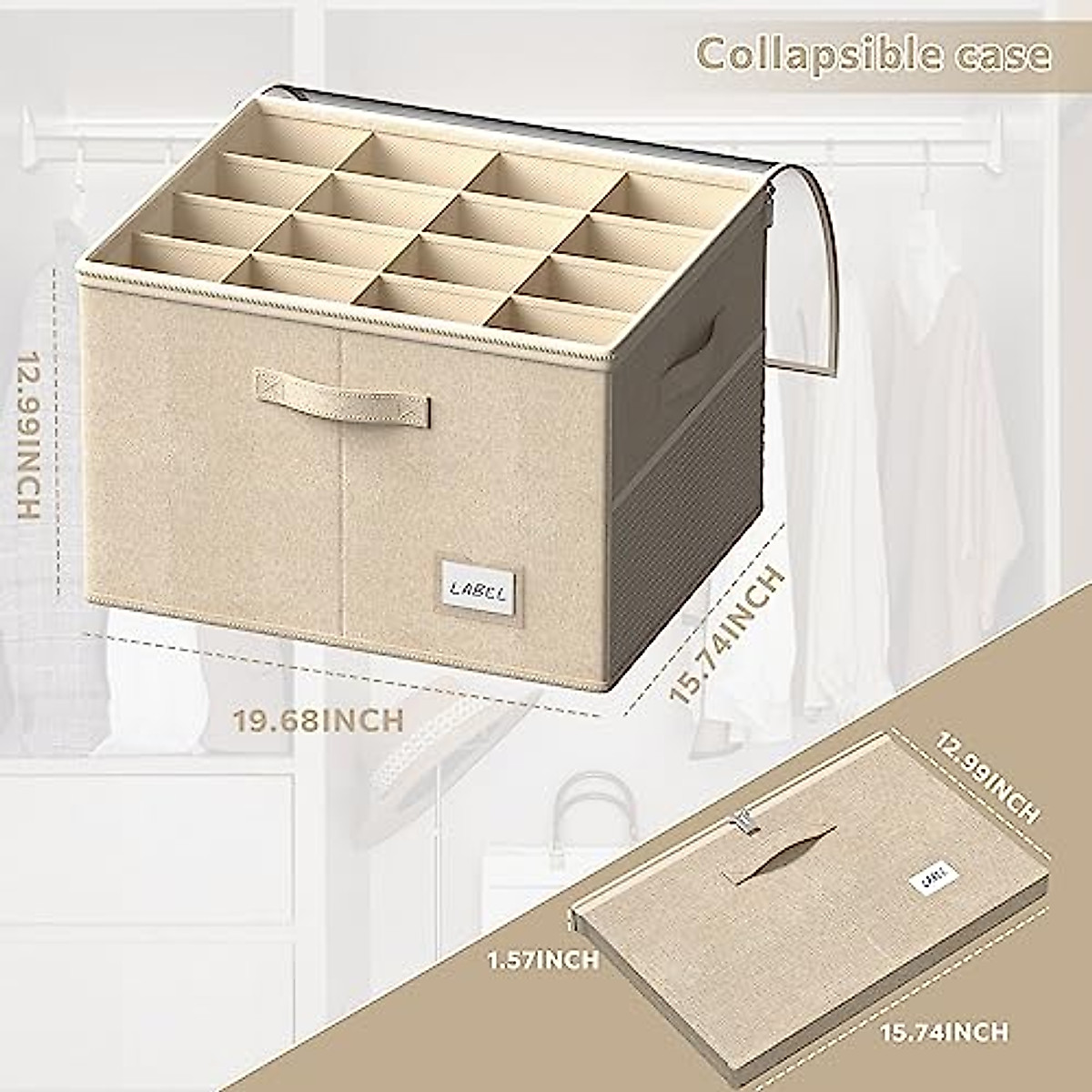 FHSQX Shoe Organizer for Closet,Fits 12 Pair,Shoe Storage Bins with Clear Cover & Adjustable Dividers for Shoes,Shoe Box Storage for Handbags,Blankets,Linen,Clothing (Beige, (19.7 * 15.7 * 12.9) x1)