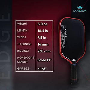 Diadem Warrior Edge Pickleball Paddle | Etched Carbon Face for Max Spin, 16mm Aero Guard, Comfort Max Grip, 16mm Honeycomb Core, Midweight 8oz | Indoor/Outdoor | USAPA Approved