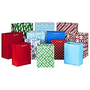 Hallmark Christmas Gift Bags Assorted Sizes (12 Bags: 5 Medium 8", 4 Large 11", 3 Extra Large 14") Red, Blue, Green, Solids, Snowflakes, Stripes