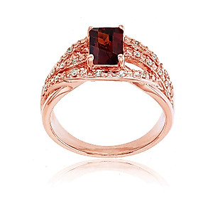 Sterling Silver Rose 1mm Created White Sapphire & 7x5mm Emerald Cut Garnet Ring