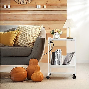 Record Player Stand with Vinyl Storage Night Stand with Power Outlets Vinyl Record Storage Stand On Wheels White Turntable Stand for Living Room Bedroom, Large Capacity, White