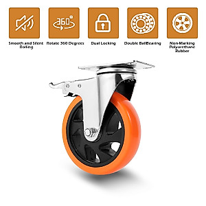 W B D WEIBIDA 5 inch Swivel Caster Wheels with Dual Locking, Heavy Duty Castors Set of 4, Silent Rolling, Top Plate Casters for Cart, Workbench, Furniture (Hardware Kits)