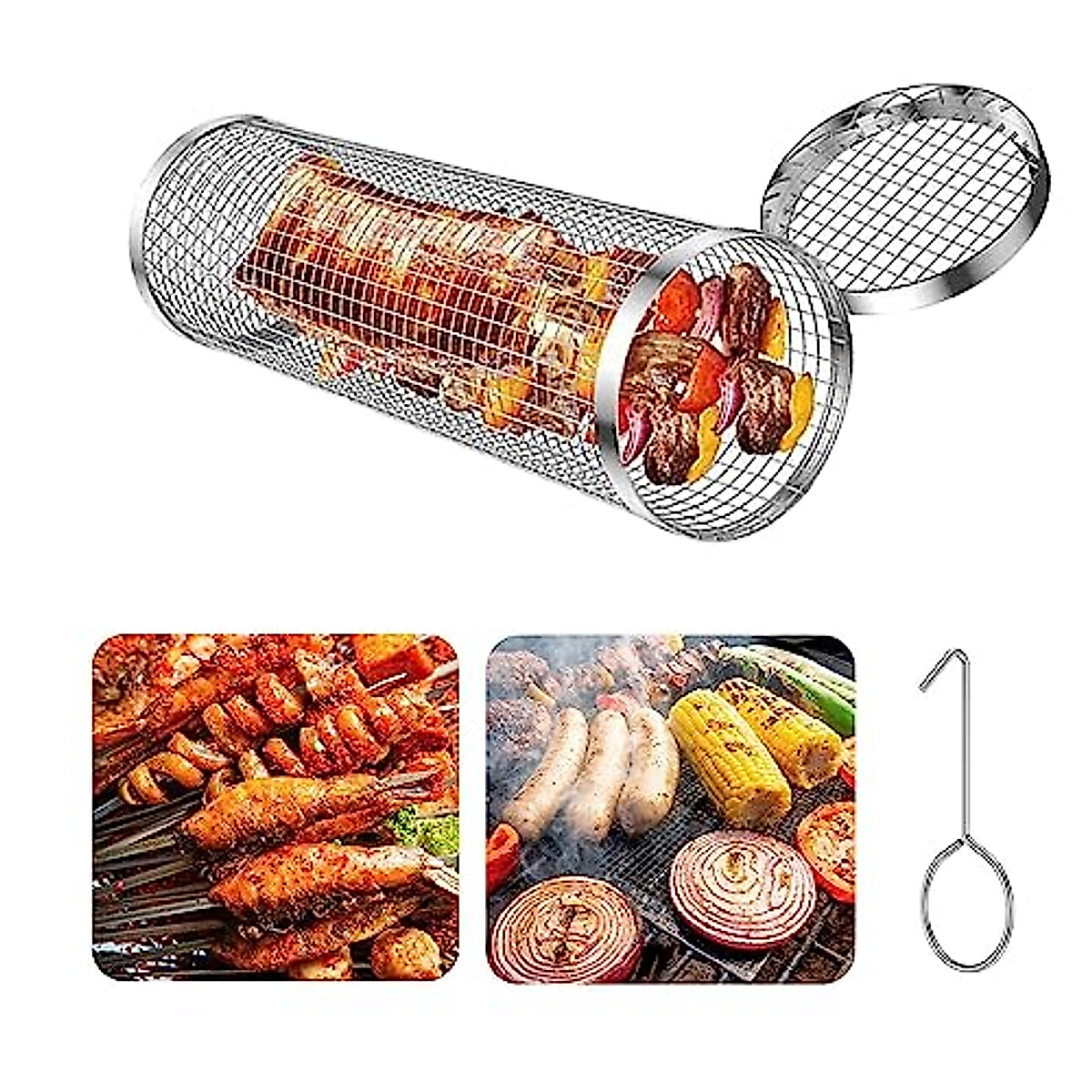 Yunsuelo BBQ Net Tube - Rolling Grilling Basket, Greatest Grilling Basket Ever, Stainless Steel Wire Mesh Cylinder Grill Basket, Portable Outdoor Camping Non-Stick Barbecue (7.87in 2pack)