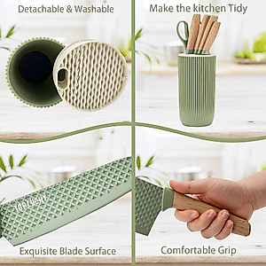 Kitchen Block Knife Sets, 6-Pieces Green Chef Knife Set with Removable Round Block, Non-stick & Non-slip Stainless Steel Sharp Knife Set for Restaurant Home Cooking, Gifts for Mom Wife Girl (Green)