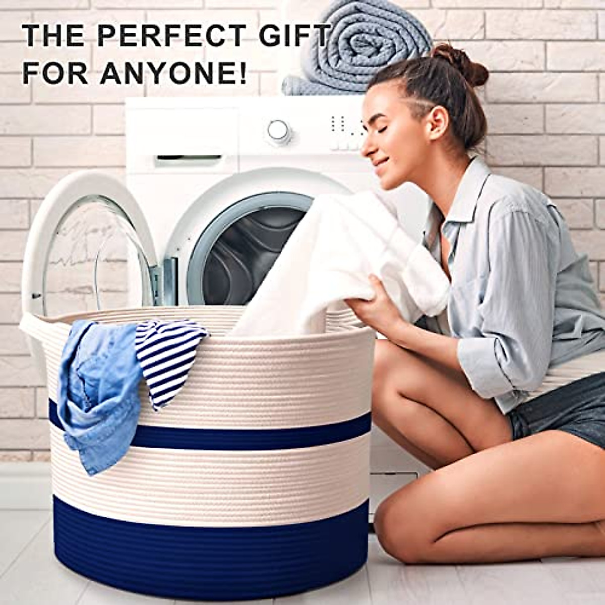 Mtesbonnie Large Cotton Rope Basket 21.7" x 21.7" x 13.8" Blanket Holder Basket Nursery Baby Laundry Basket Woven Soft Toy Storage Basket with Handle for Comforter Cushions Thread Home Decor Basket