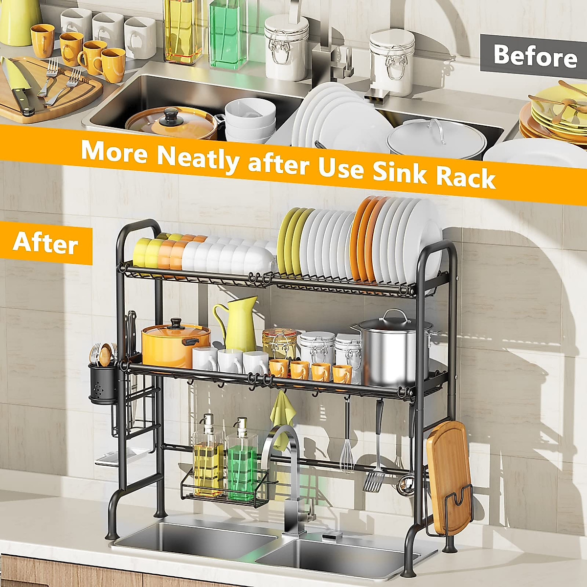 KETAZERO Over The Sink Dish Drying Rack, Stainless Steel 2 Tier Over The Sink Dish Drying Rack with Utensil Holder Dish Drainers for Kitchen Counter,Save More Counter Space, Black