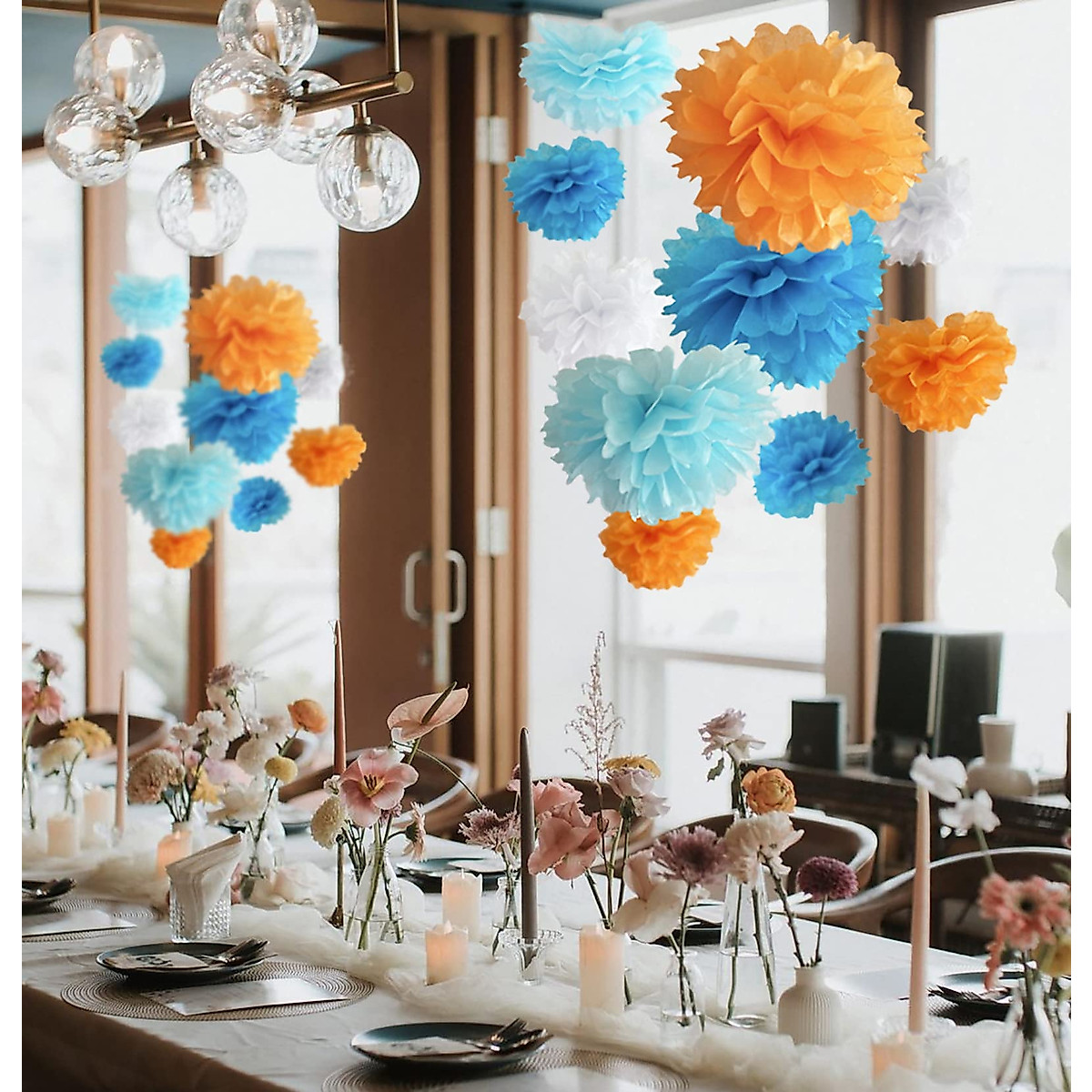 20PCS Acqua Blue,Light Blue,Orange & White Tissue Paper Pom Poms Set-Ideal for Birthday,Bridal Showers,Wedding,Baby Shower Party Decorations (14",10",8",6)