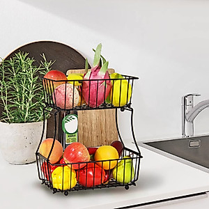 VANLAMNI 2 Tier Wire Fruit Storage Basket for Kitchen Countertop, Bread Vegetable Snack Fruit Storage Basket, Black