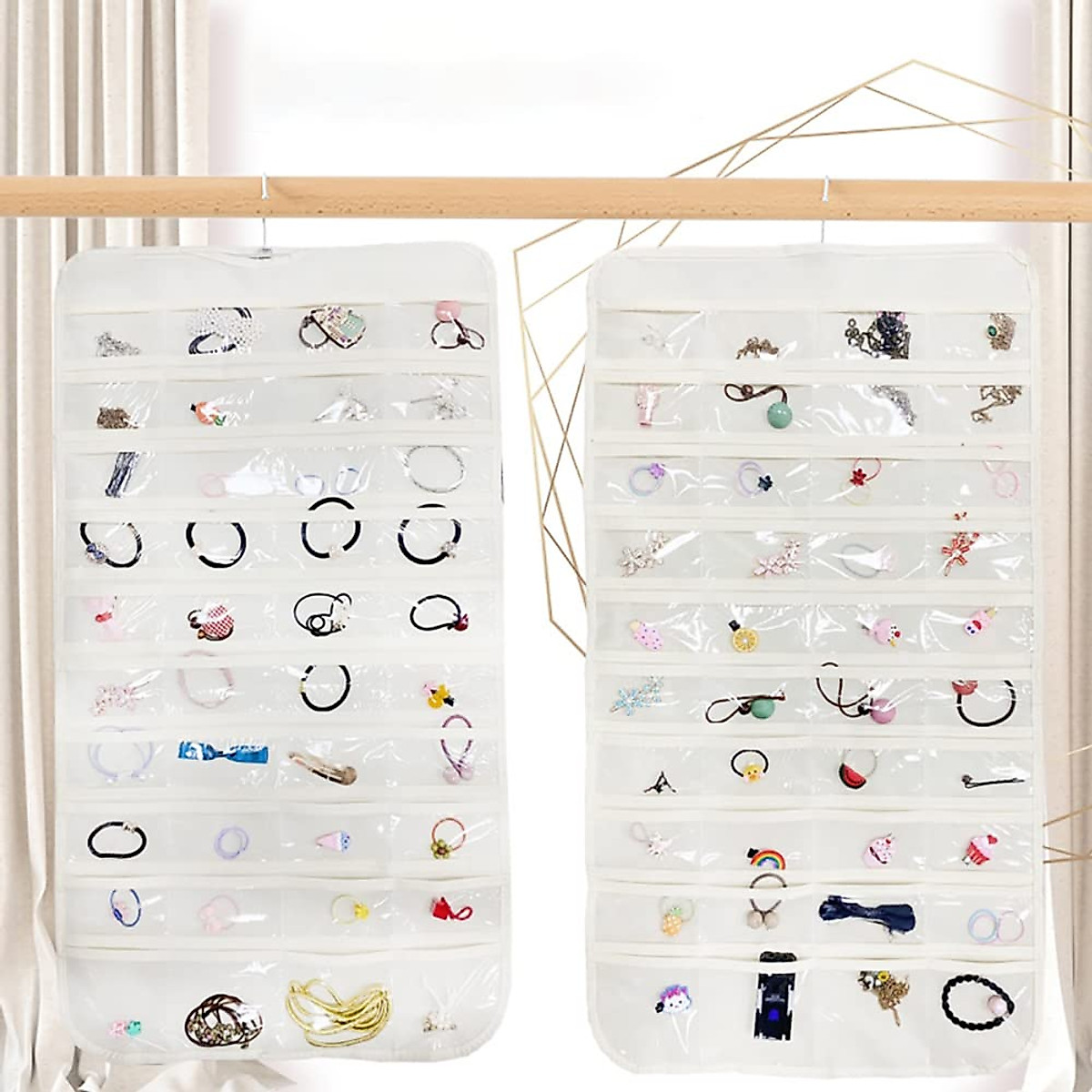 ccHuDE 80 Pockets Non Woven Hanging Jewelry Organizer Dual Sided Earrings Display Storage Bag Travel Foldable Bracelet Bags Journey Rings Organizer Holder