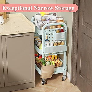 Rolling Utility 3 Tier Organizer Cart with Wheels - Metal Craft Storage Cart with DIY Dual Pegboards, Removable Baskets Hooks for Office, Home, Kitchen, Classroom (Green)