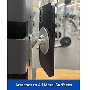 Gym Mate Magnetic iPhone Mount Holder. Attaches magnetically to Metal Surface. Shoot Hands-Free Videos While Working Out. Compatible with MagSafe on iPhones 12/13/14/15. Stable & Secure