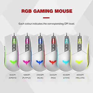 havit Wired RGB Mechanical Gaming Keyboard and Mouse Combo Set UK Layout, Blue Switch Mechanical Keyboard with Detachable Ergonomic Wrist Rest 4800Dots Per Inch Programmable Wired Mouse, White