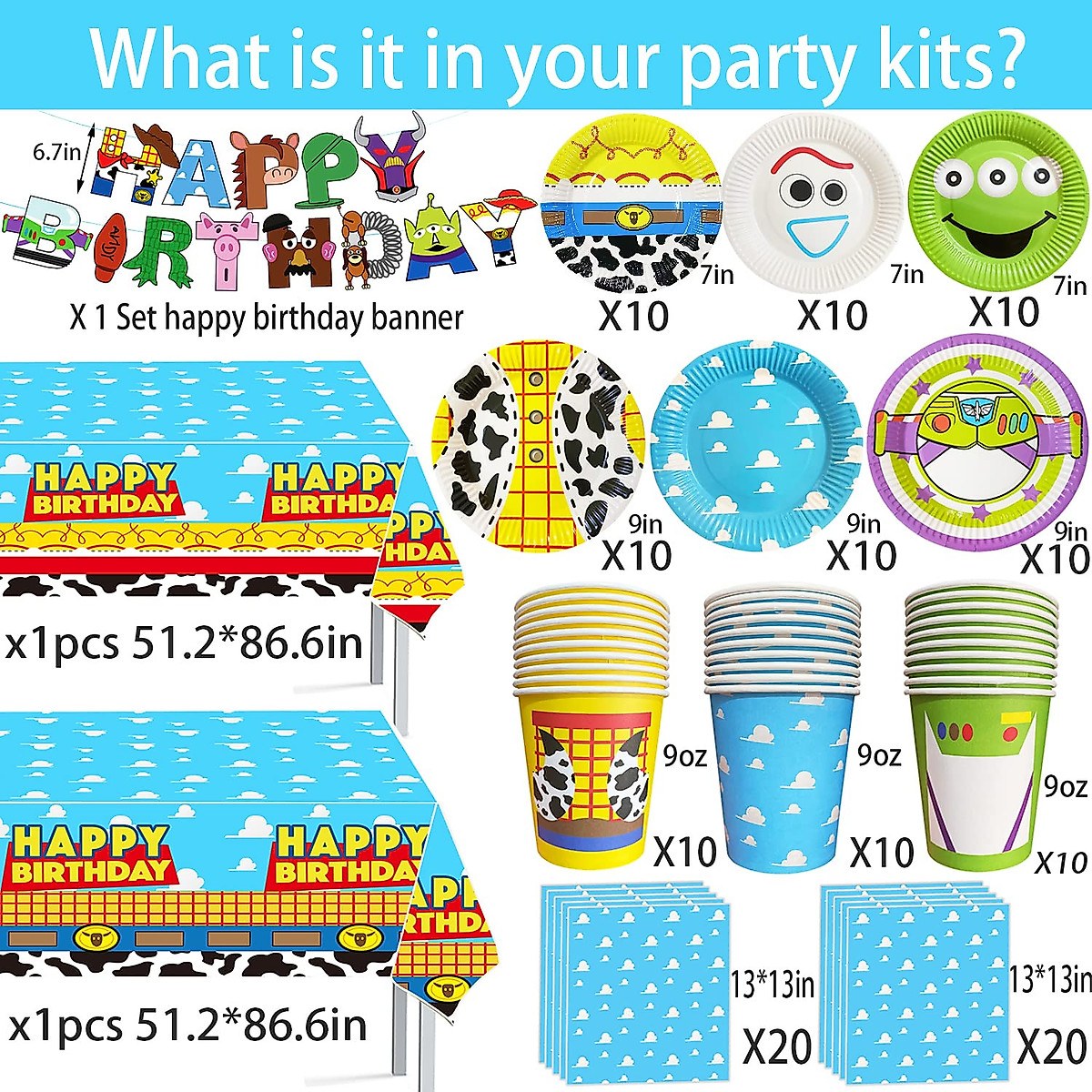 Cartoon Story Party Supplies 133pcs Party Decorations include Paper Plates Napkins Cups Tablecloth and Banner for Boys Girls 1st 2nd 3rd 4th Birthday Decor, Serve 30 Guest
