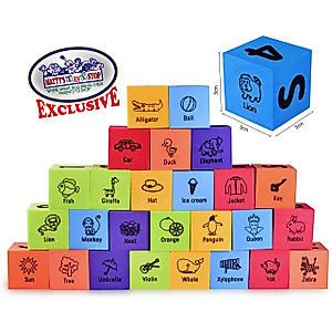 Deluxe 2" EVA Foam Colorful Building Blocks (30 PCS) Featuring Abc's, Numbers & Pictures with Bonus Matty's Toy Stop Storage Bag