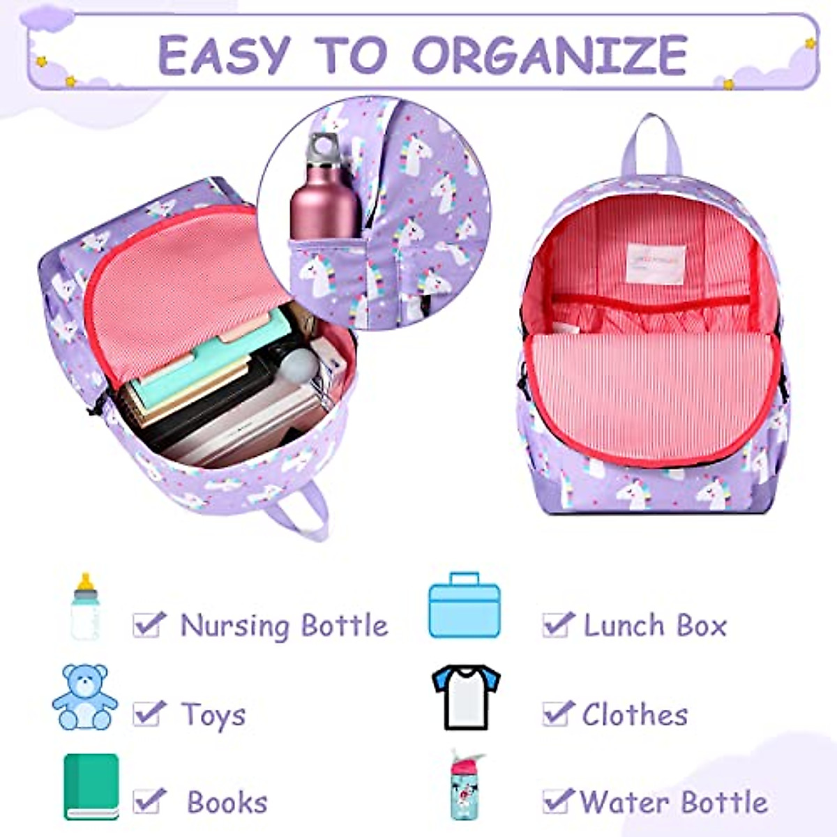 VASCHY Toddler Backpack for Girls, Cute Lightweight Water Resistant Preschool Backpack for Kindergarten Little Girls Bookbag Unicorn