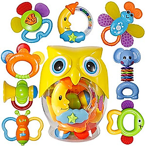 Baby Teether Rattles Sets Toy,Babies Grab Shaker and Spin Rattle Toy Early Educational Toys with Owl Bottle Set for 0,3,6,9,12 Month Newborn Toys Baby Boy Girl