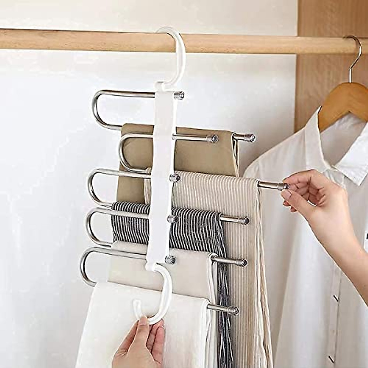 [Upgrade] Magic Pants Hangers Space Saving - 2 Pack for Closet Multiple Layers Multifunctional Uses Rack Organizer for Trousers Scarves Slack (White, 2 Pack)