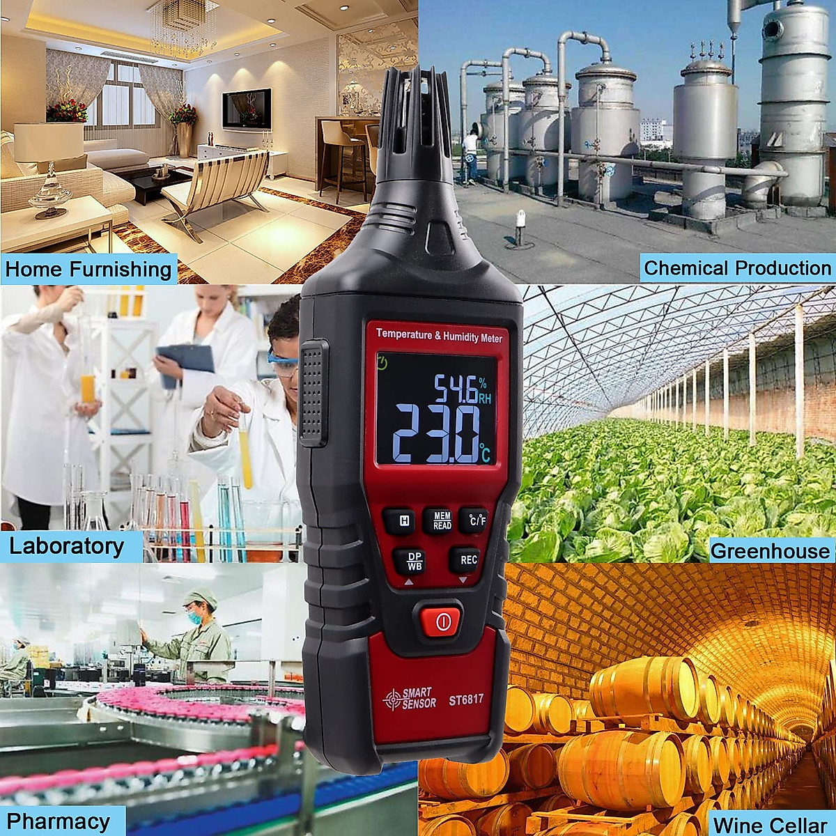 Lunarlipes ST6817 Thermometer Hygrometer, Digital Temperature Humidity Meter, Handheld Thermometer Hygrometer with Ambient, Dew Point, Wet Bulb for Outdoor and Indoor, Max/Min Hold, LCD Backlight