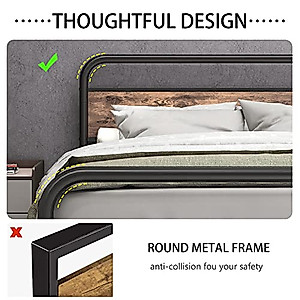 Albearing Queen Size Bed Frame with Wooden Headboard and Footboard, Heavy Duty Oval-Shaped Platform Bed with Under-Bed Storage, Steel Slats Mattress Foundation Round Pipe Design，Brown