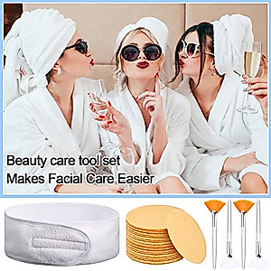 Spa Facial Set: 10 Headbands, 50 Compressed Sponges, 10 Fan Brushes - White Towel Head Wrap for Face Wash, Mask Application, and Makeup Removal