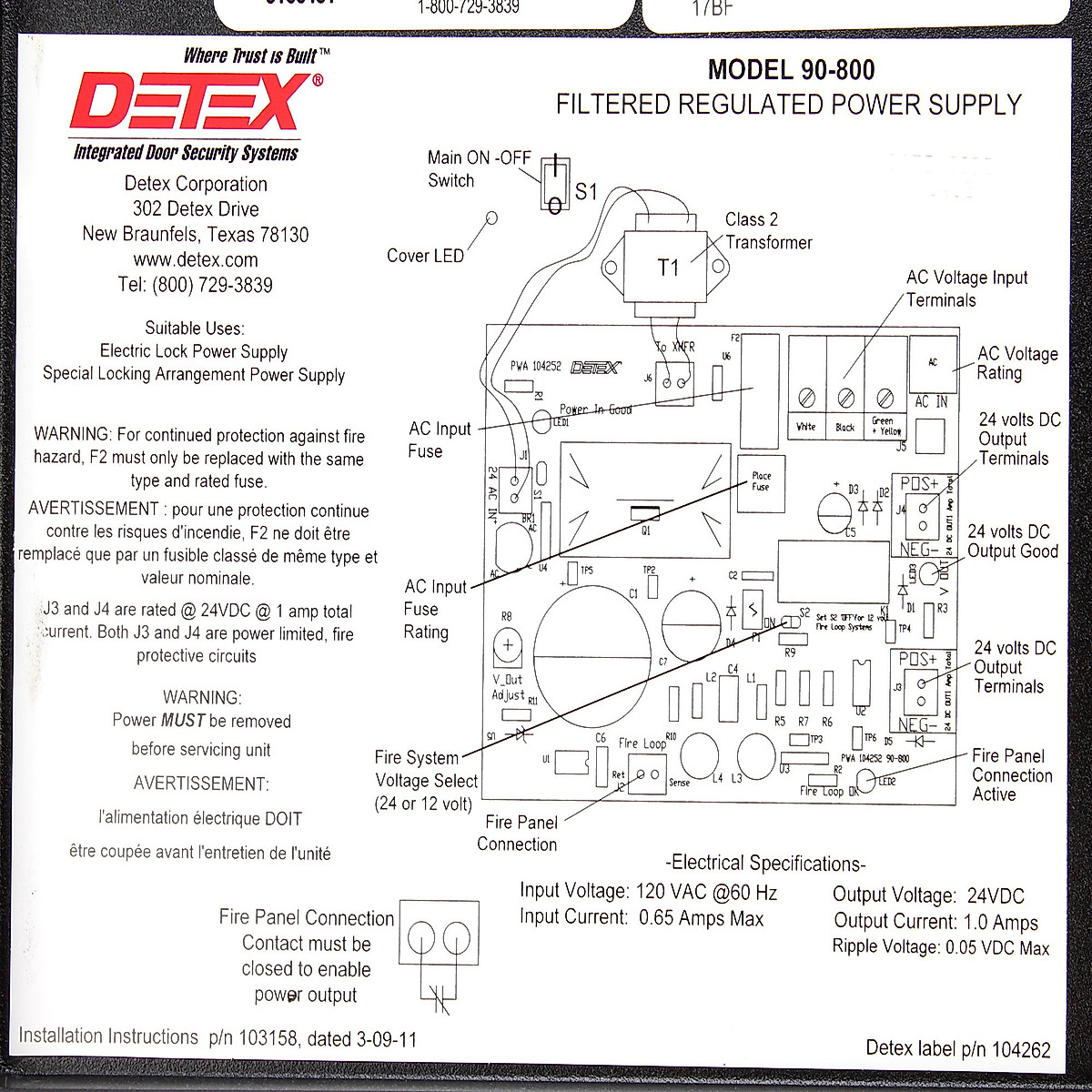 Detex 90-800 Series 800 Power Supply, Filtered Output, 120V, 24VDC, 1A