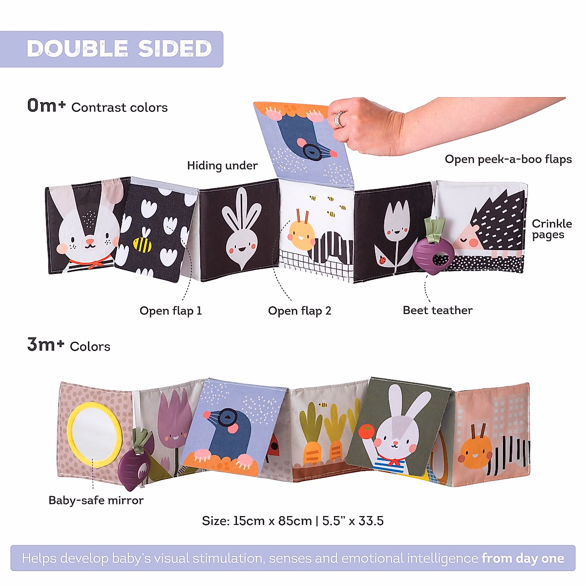 Taf Toys Urban Garden Soft Cloth Newborn Book, Crinkle Baby Book. High Contrast Sensory Toys. Early Education Activity Toy. Infant Tummy Time Toys. Multi-Sensory Textures and a Baby-Safe Mirror