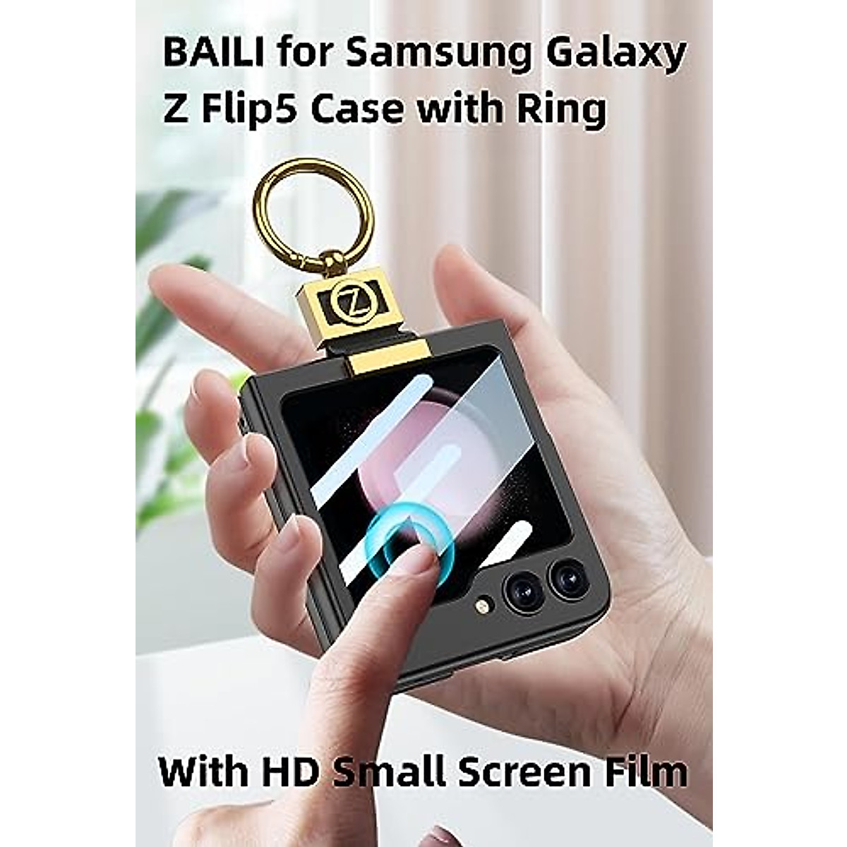 BAILI for Samsung Galaxy Z Flip5 Case with Ring,Galaxy Z Flip5 Cover with Z Ring & HD Small Screen Film,Military Grade All-Inclusive Protection Case with Electroplated Ring Stand for Z Flip 5-Matcha
