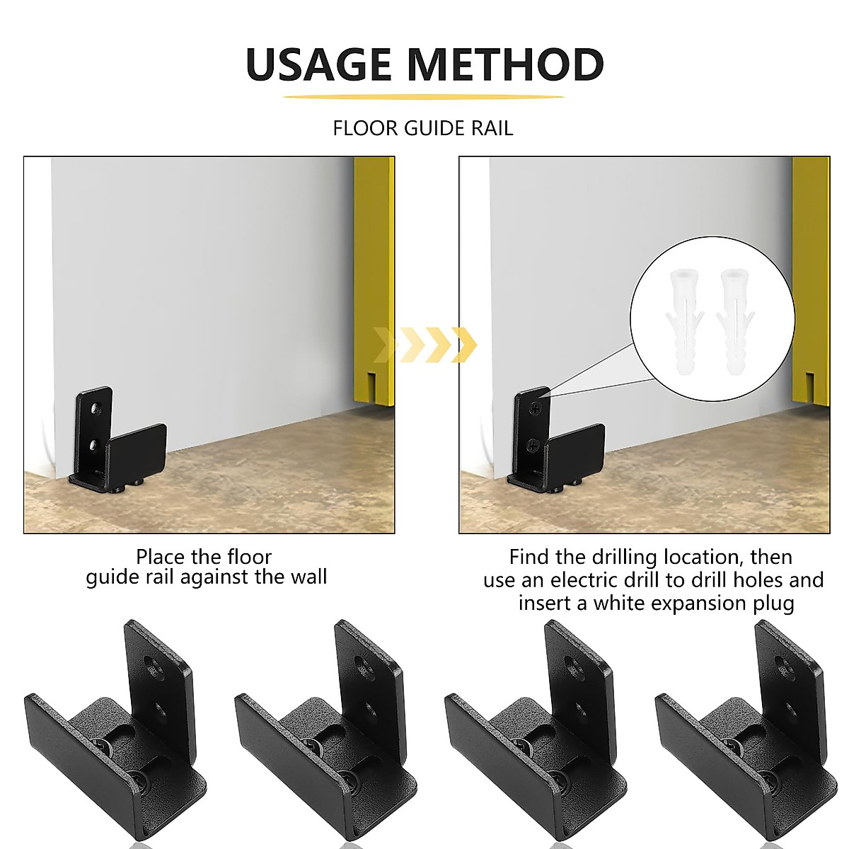 Sliding Barn Door Bottom Floor Guide, 4 Pcs U Shape Sliding Barn Door Hardware, Black Adjustable Floor Guide Wall Mount & Flush Flat Bottom Design for Door Cabinet, Up to 1-7/16" W 1-7/8" H