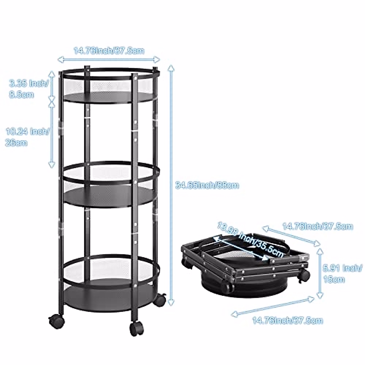 Innotic 3-Tier Rolling Utility Cart, No Assemble, Collapsible Metal Storage Organizer Cart with Lockable Wheels, Multifunctional Trolley for Kitchen, Office, Garden(Black)
