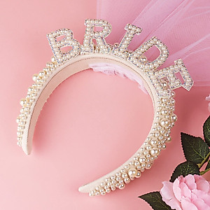 JUSTOTRY Bride Headband for Bachelorette - Bachelorette Outfit for Bride To Be Pearl Hairband Veil for Bridal Shower Gift (pearl)