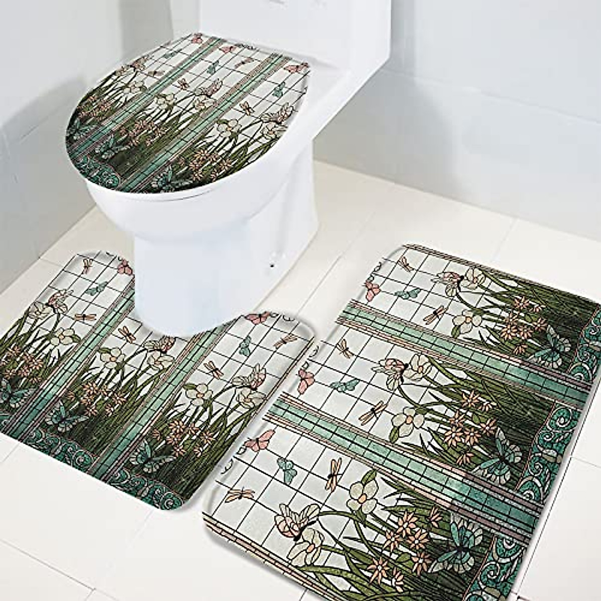3 Piece Bath Rugs Sets, Large Flower Butterfly Dragonfly Grass Spring Non Slip Bathroom Carpet, Water Absorbent U-Shaped Toilet Mat, Toilet Lid Cover