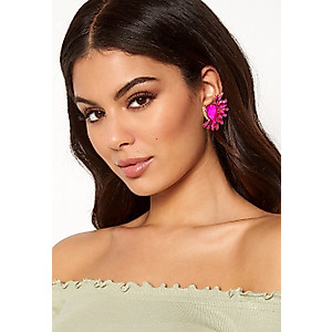 Vintage Hot Pink Rhinestone Statement Earrings Retro Fancy Crystal Cluster Drop Dangle Earrings for Women Prom