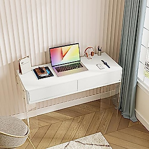LITTLE TREE Computer Desk with Acrylic Legs, Home Office Desk with 2 Drawers, Modern White Desk with Storage, Makeup Vanity Desk for Bedroom