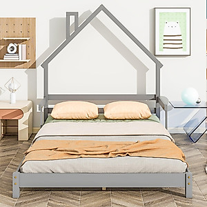 Floor Bed for Kids, Full Size Montessori Bed with House Shape Headboard, Wood House Bed with Slats for Boys Girls, Low Platform Bed, No Box Spring Needed, Gray
