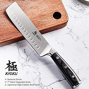 KYOKU Samurai Series - Nakiri Japanese Vegetable Knife 7" - Full Tang - Japanese High Carbon Steel Kitchen Knives - Pakkawood Handle with Mosaic Pin - with Sheath & Case