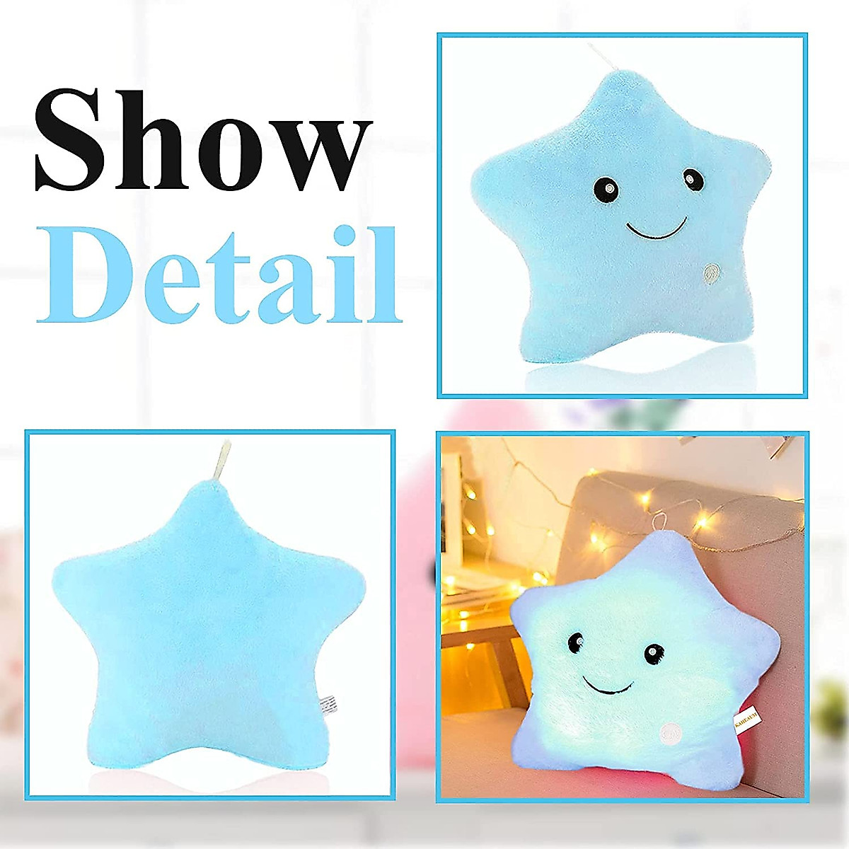 KAHEAUM Cute LED Night Light Up Throw Pillow Inserts Star Stuffed Animals Plush Toys for Kids Children’s Day Gift Son Daughter Girls Boys,Decorative Blue Throw Pillows for Couch,Sofa,Bed,Room,Office