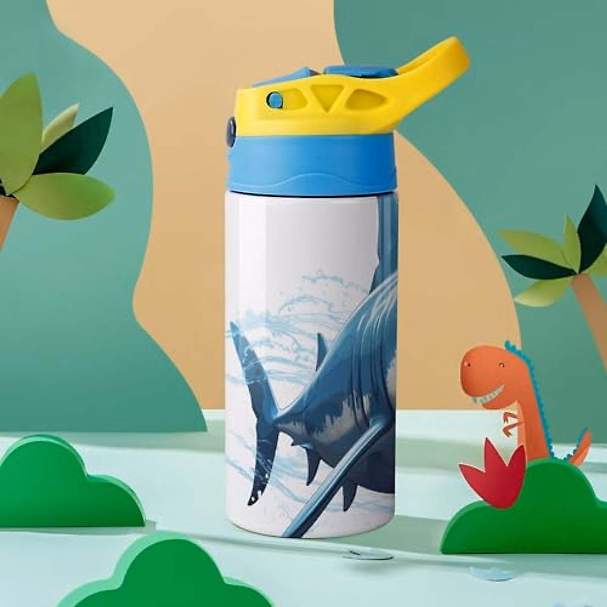 Stainless Steel Water Bottles Blue Shark Travel Water Cups with Handle And Silicone Straw Drinking Cup with Leak Proof Lid Thermo Travel Mug for Women Men