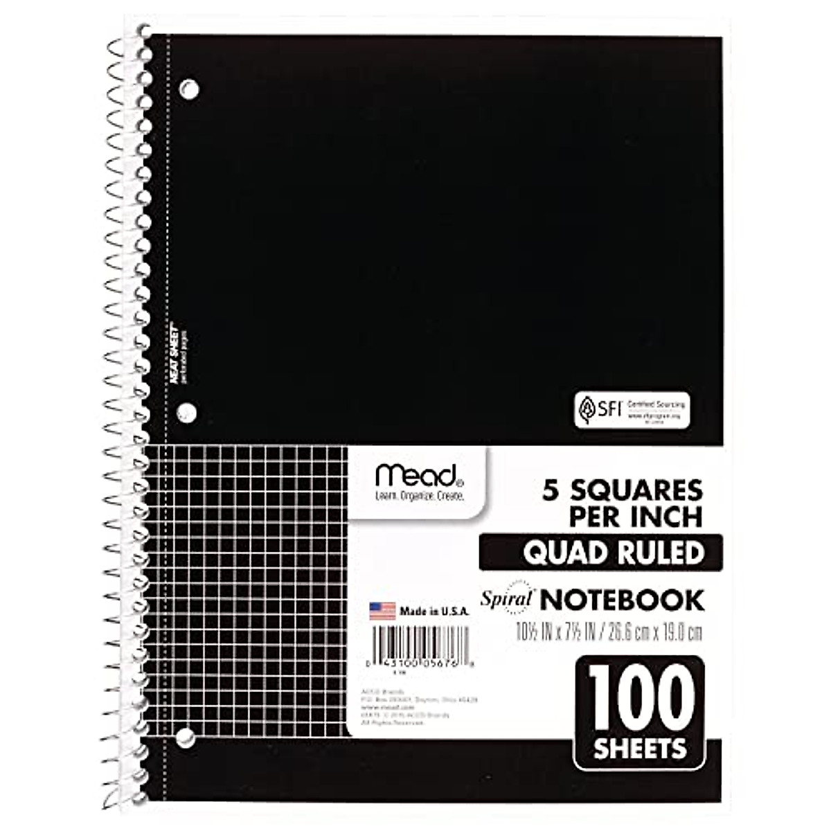 Mead Spiral Notebook, 1-Subject, Graph Ruled Paper, 7-1/2" x 10-1/2", 100 Sheets, Black (05676AA5)