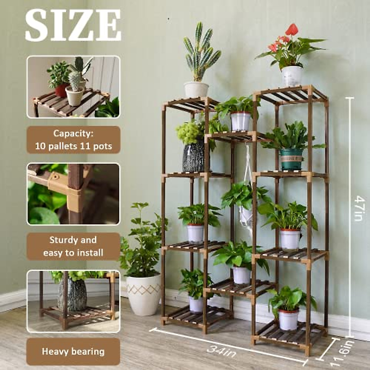 Plant Stand Indoor Outdoor, Uneedem Tall Plant Shelf for Multiple Plants, 10 Tiers 11 Pot Large Plant Rack Wood Plant Holder Plant Shelves for Room Corner Balcony Garden Patio