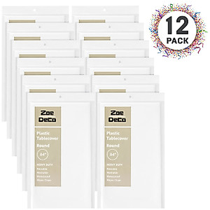 Zoe Deco Plastic Tablecloth (12 Pack, 84" Diameter, Round White Table Cloth), Disposable Table Covers for Parties, Graduations & Picnics, Table Protectors