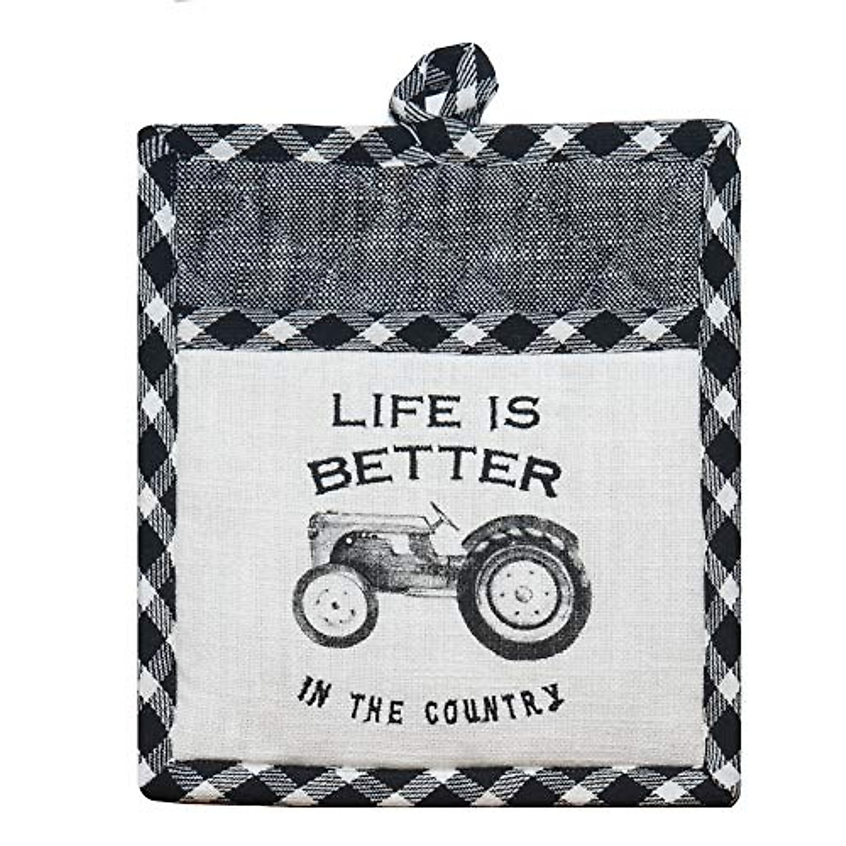 4 Piece Black and White Farmhouse Country Kitchen Linen Set - 2 Towels, Oven Mitt and Pocket Pot Holder