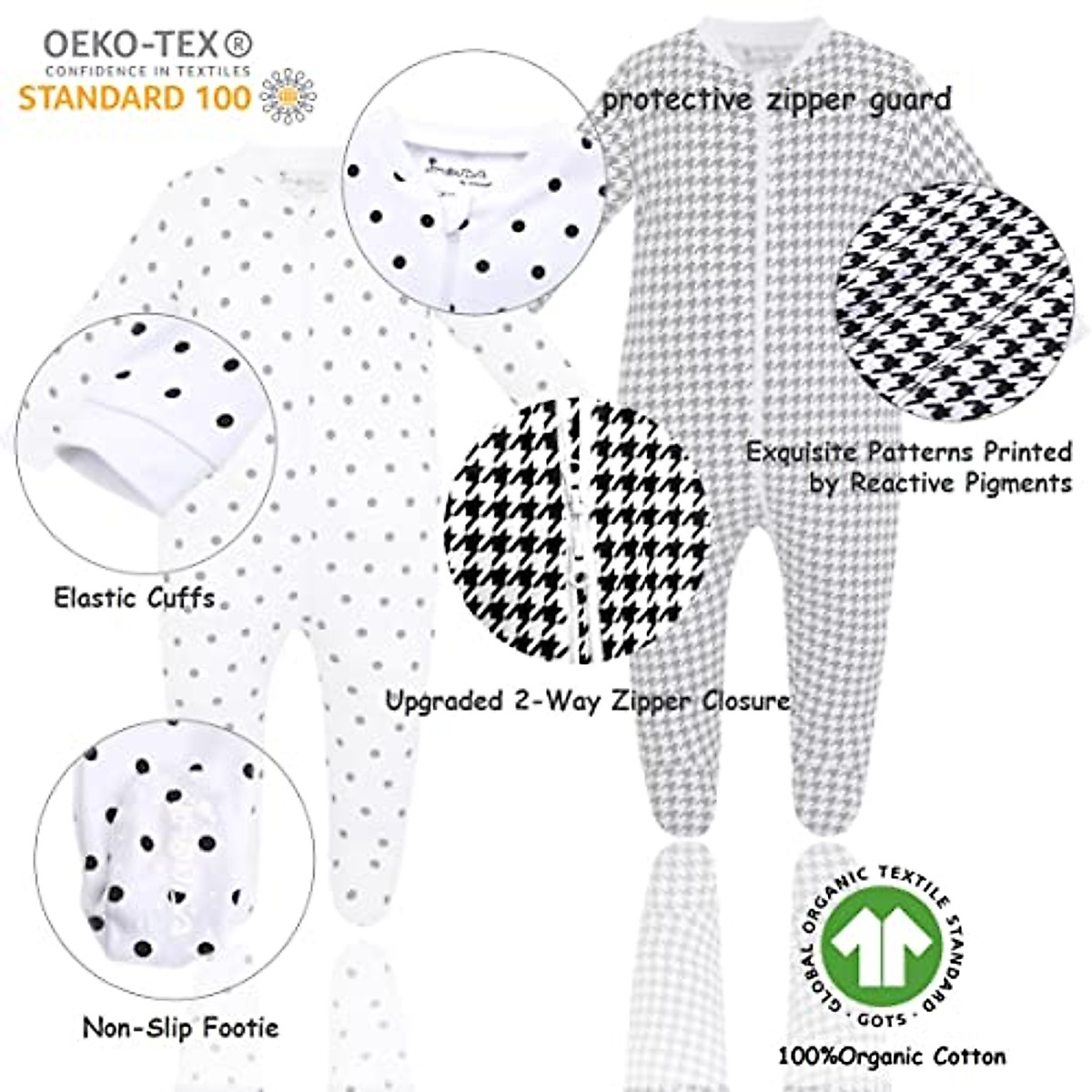 Jimonda Baby Girls Boys Pajamas,Organic Cotton PJS Sleeper,Zipper Closure Non-Slip Footie (Houndstooth&Dots, 9-12 Months)