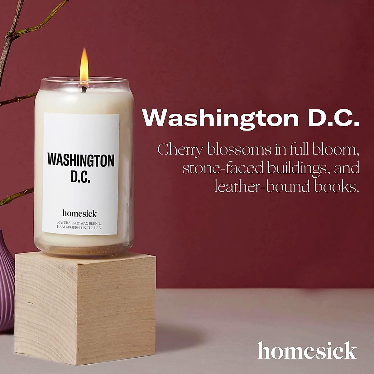 Homesick Scented Candles for Home (Washington D.C.) - 13.75 oz Long-Lasting Soy Wax Jar Candle for Women & Men for All Occasions, 60-80 Hours Burn Time - Notes of Cherry Blossom & Moss