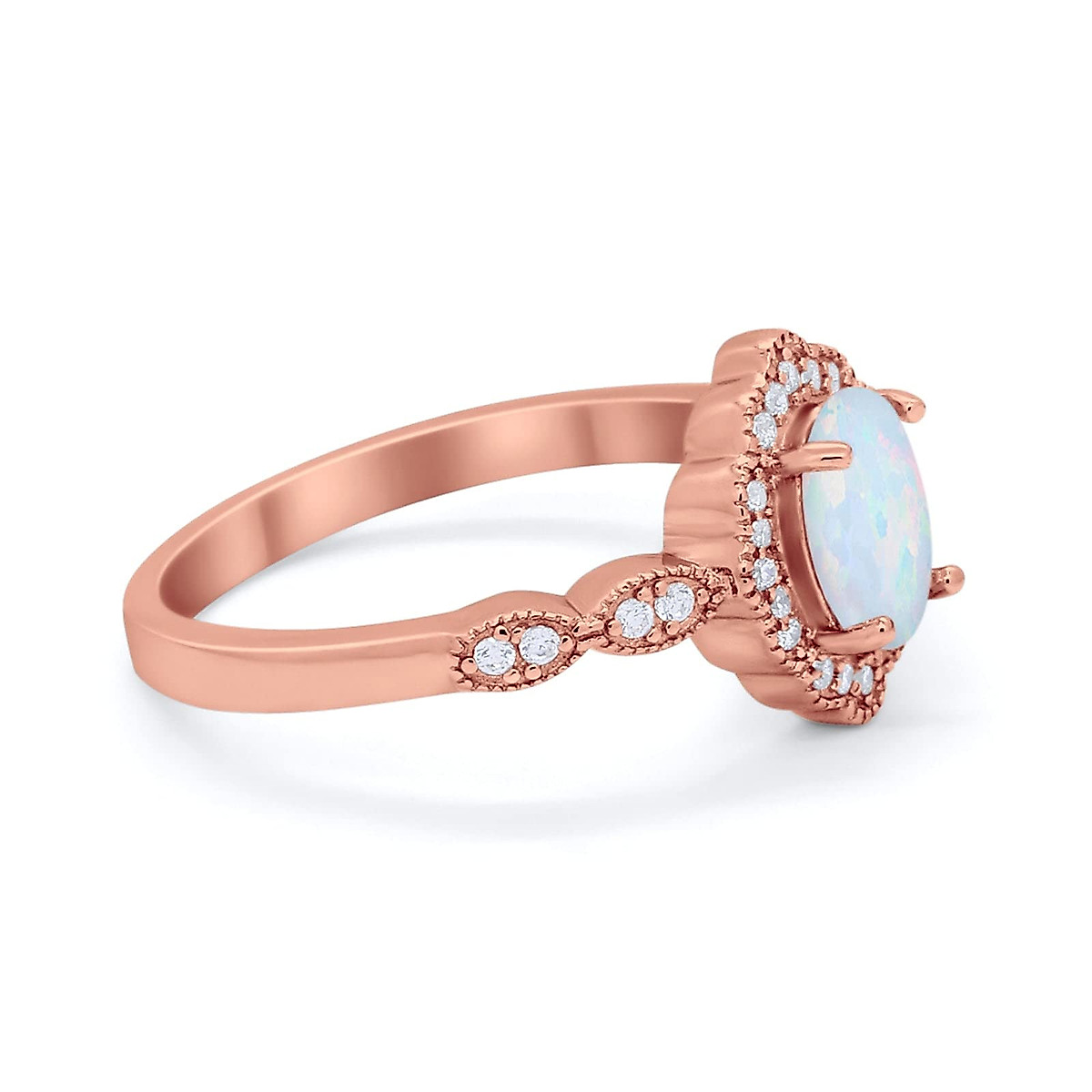 Blue Apple Co. Halo Art Deco Oval Wedding Engagement Bridal Ring Round Rose Tone, Lab White Opal 925 Sterling Silver Size-10