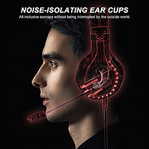 NPET HS10 Stereo Gaming Headset for PS4 PC Xbox One PS5 Controller, Noise Cancelling Over Ear Headphones with Mic,LED Light, Bass Surround, Soft Memory Earmuffs for Laptop Mac Nintendo NES Games Red