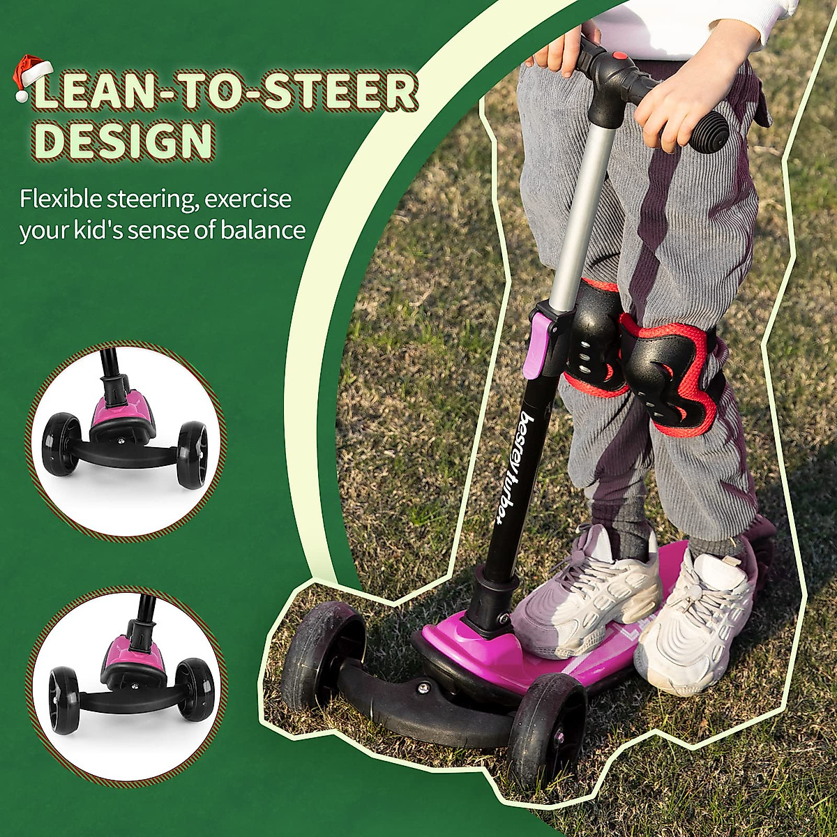 besrey Kick Scooter for Kids Ages 3-10, 3 Wheel Scooter for Kids with Adjustable Height, Folding Kids Scooter with LED Light Wheels Rear Brak Extra Wide Deck Outdoor Activities for Boys/Girls (Pink)